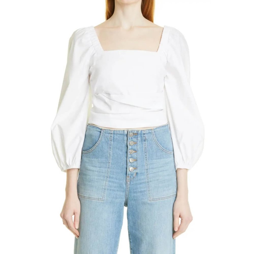 Veronica Beard Kayla Puff-Sleeve Square-Neck Cotton-B… - Gem